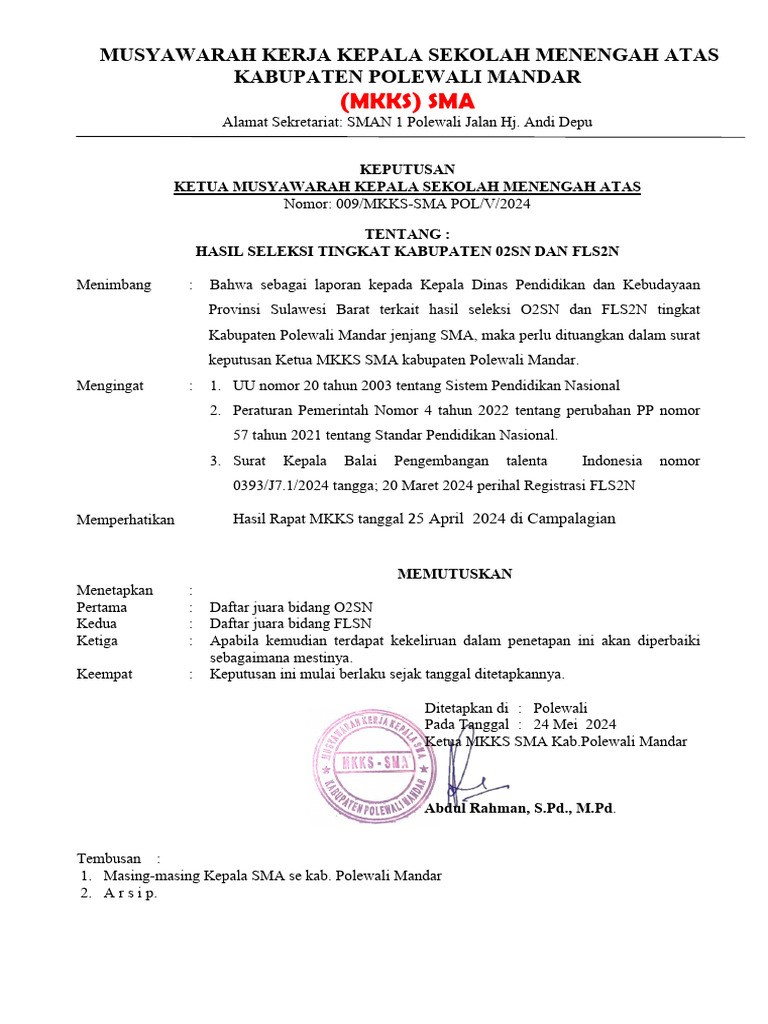 Hasil Seleksi O2SN dan FLS2N SMA 2024 | PDF