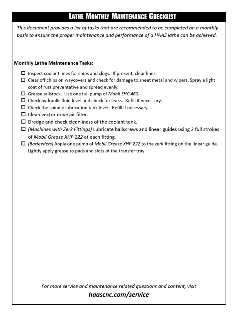 Lathe Maintenance Checklist (Monthly) | PDF
