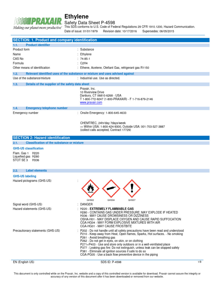 Ethylene Safety Data Sheet P-4598 | PDF | Firefighting | Water