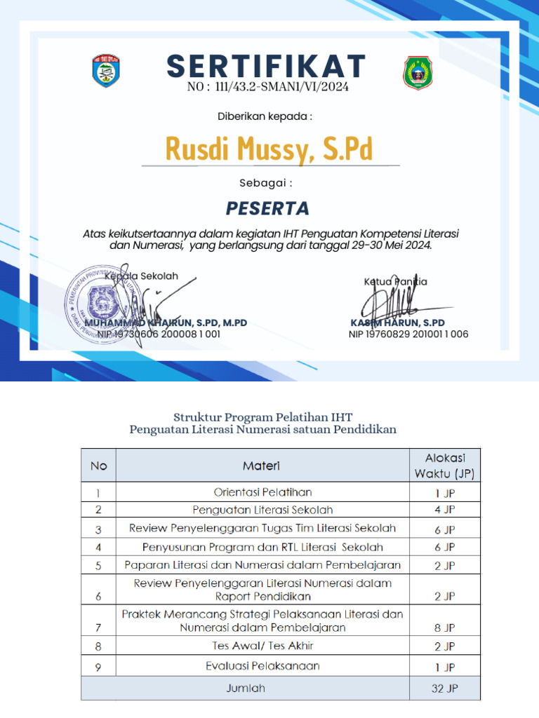 Sman 1 Sertifikat Iht Literasi & Numerasi | PDF