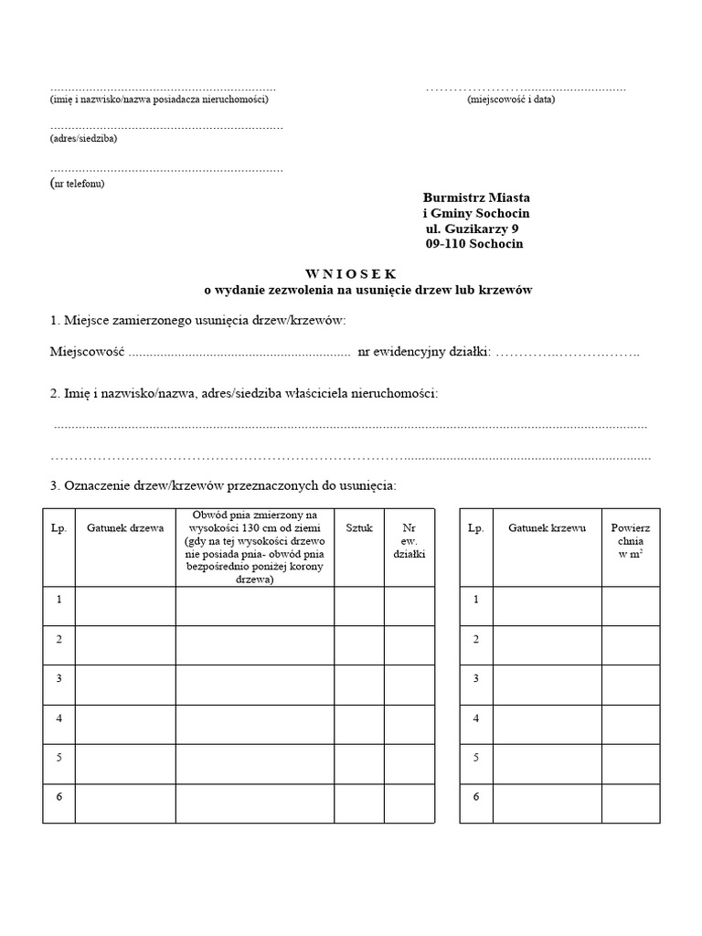 Wniosek o Wydanie Zezwolenia Na Usuniecie Drzew Lub Krzewow | PDF