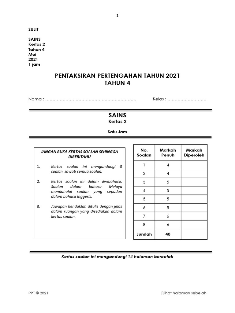 Soalan PPT 2021 - Sains T4 K2 (DLP) | PDF