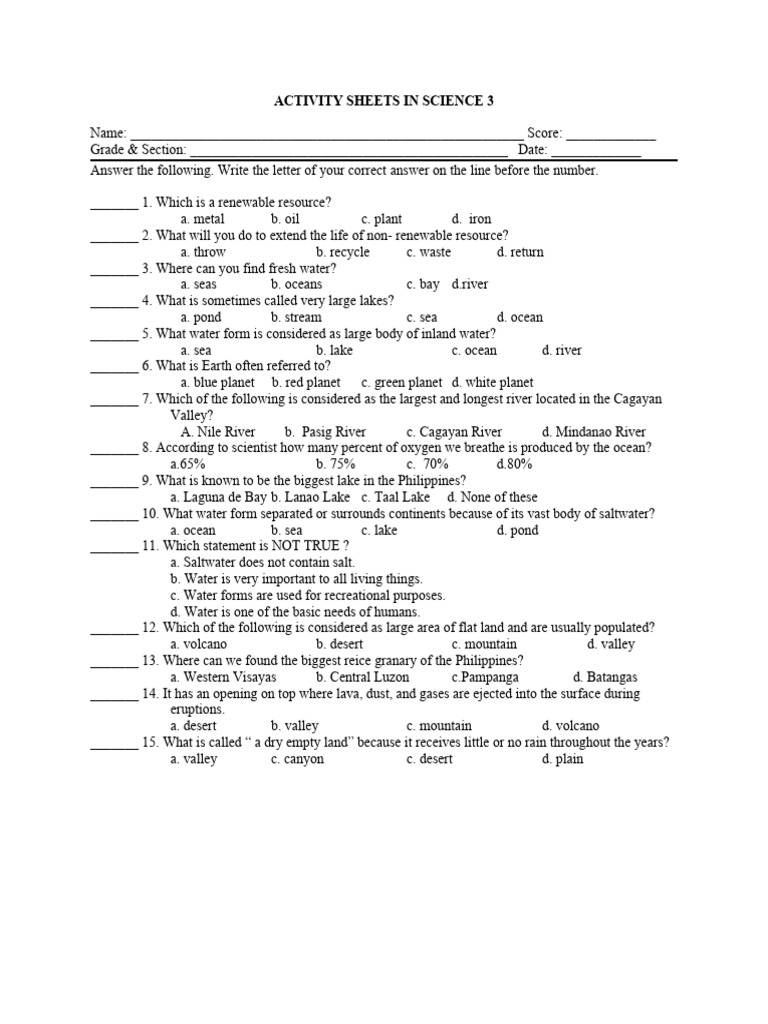 Activity Sheets in Science 3 | PDF | Water | Lake