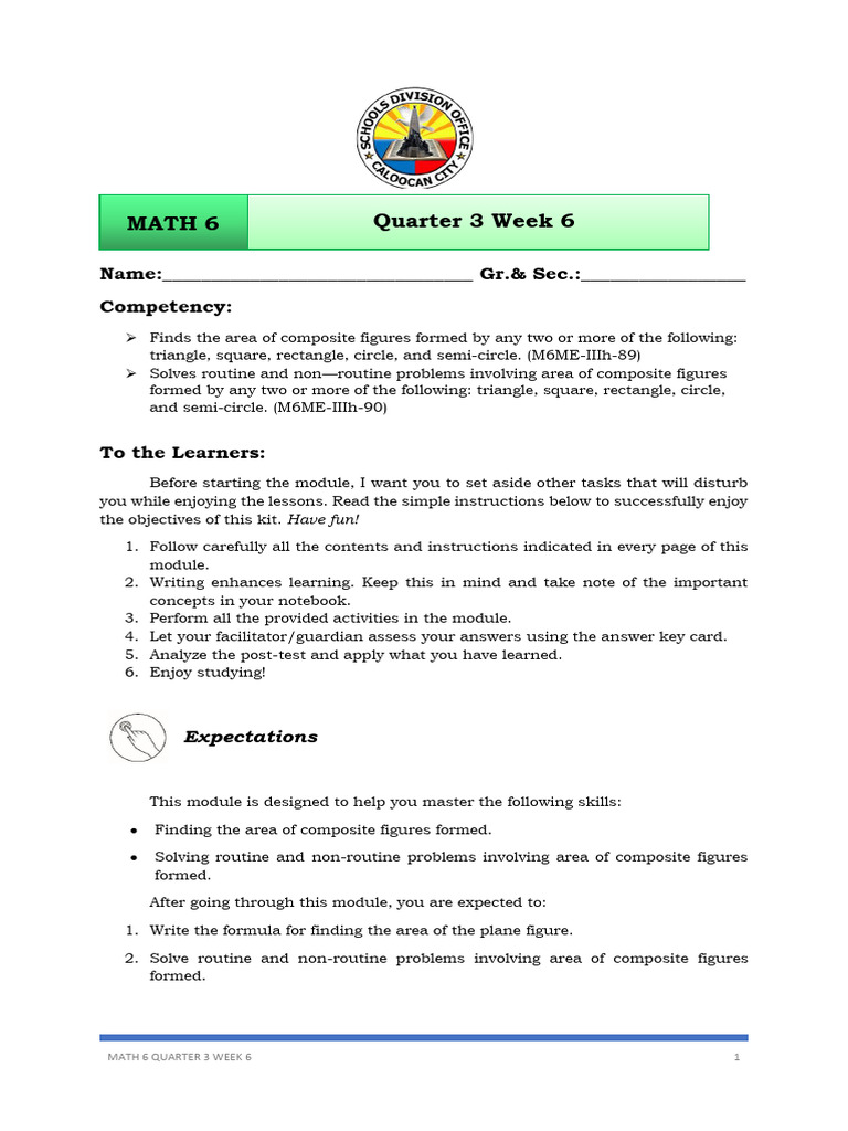 Math 6 Quarter 3 Week 6: Name: - GR.& Sec.: - Competency | PDF | Area ...