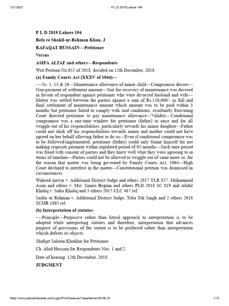 Lahore High Court Ruling on Child Maintenance Dispute | PDF | Judgment (Law) | Lawsuit