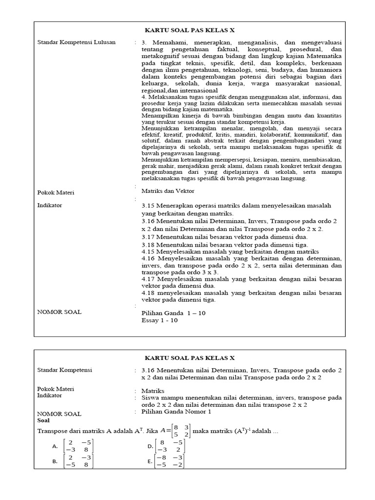 Matematika - Kartu Soal Pas Semster Genap Kelas X TP 2223 | PDF