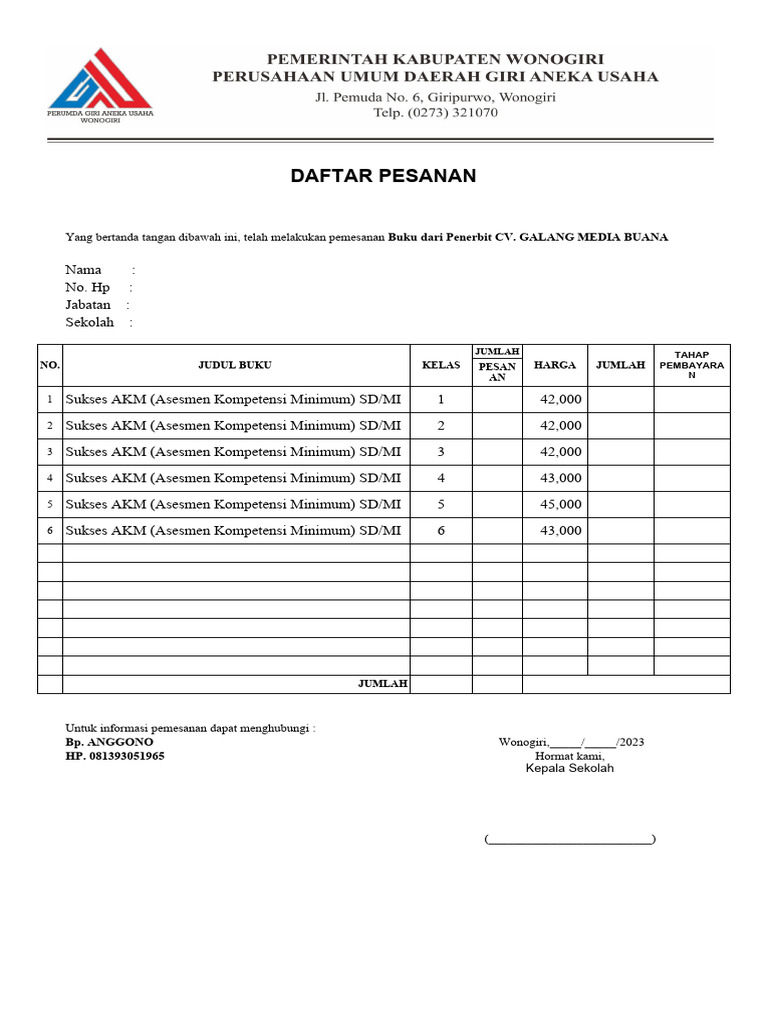 Daftar Pesanan Buku Galang Media 2023 | PDF