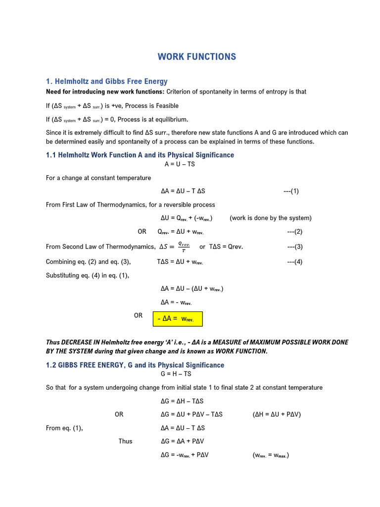 5 Work Functions, Spontaneity Criteria, Exergonic, Endergonic | PDF ...