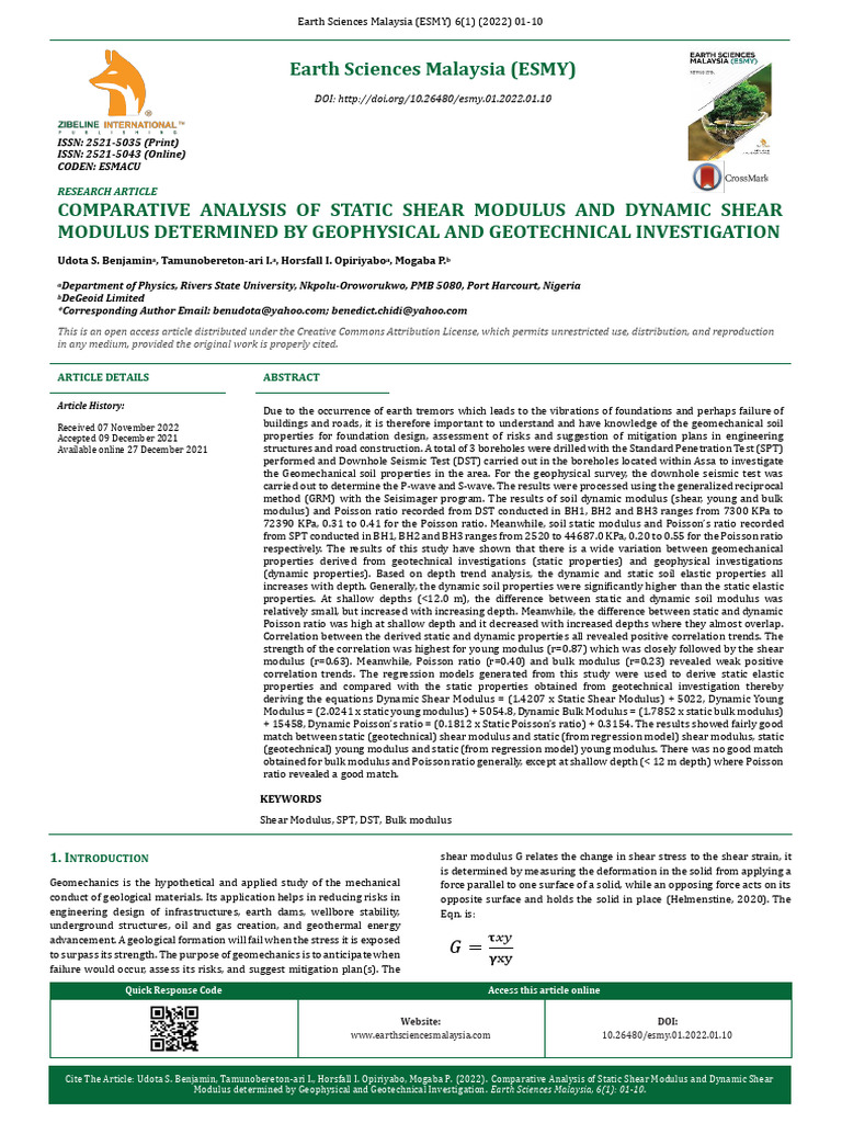 Benjamin - Comparative Analysis of Static Shear Modulus and Dynamic ...