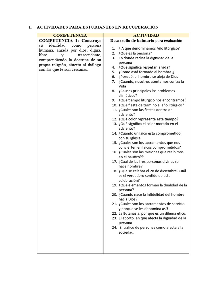 Actividades de Recuperación para Estudiantes | PDF