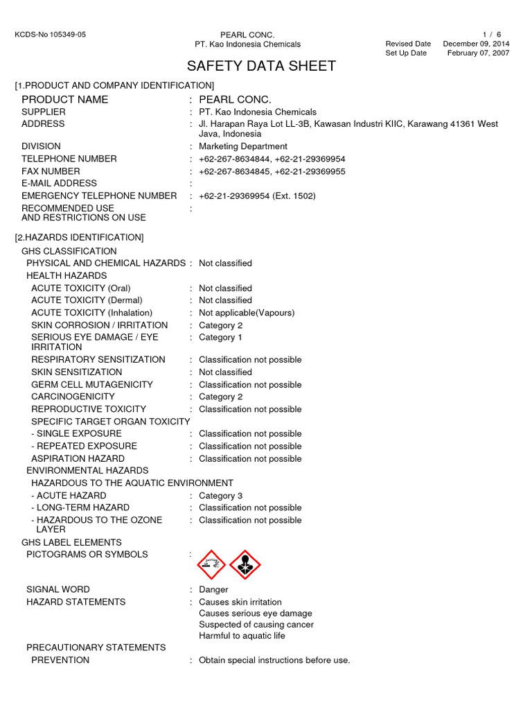 SDS Pearl Conc | PDF | Toxicity | Safety
