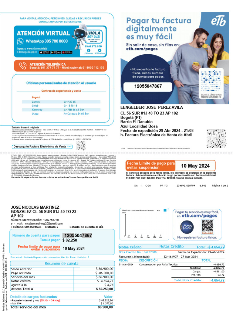 Tu Factura ETB Abril de 2024 | Descargar gratis PDF | Tecnologías de la información | Pagos