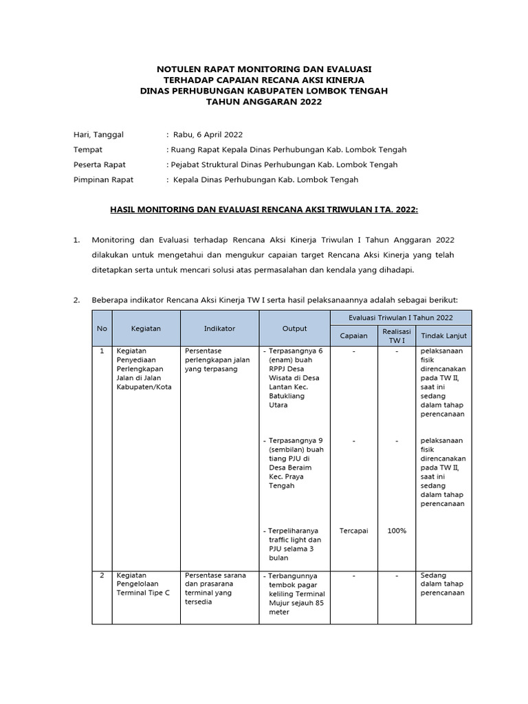 Dishub Notulen Monev Rencana Aksi TW I 2022 | PDF