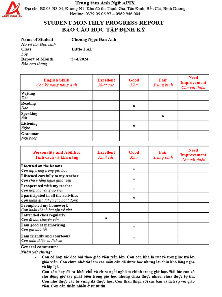 Student Monthly Progress Report Báo Cáo Học Tập Định Kỳ | PDF