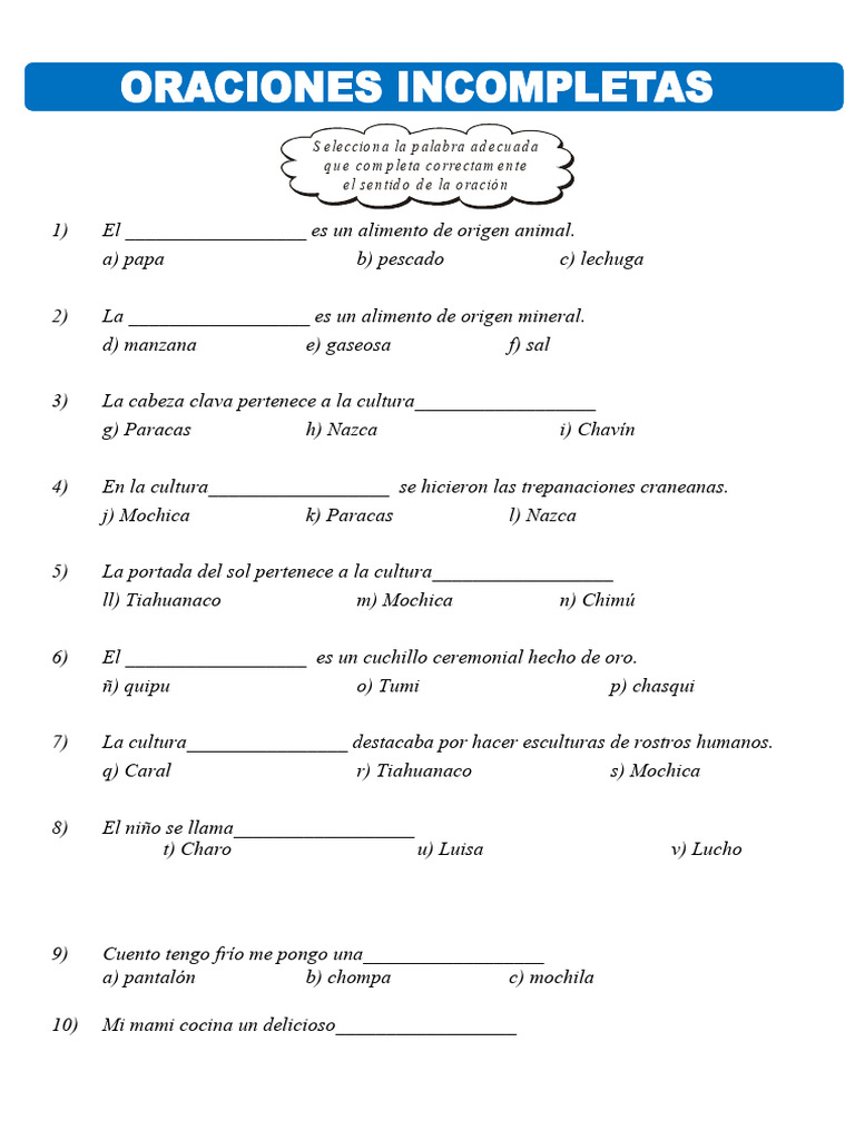 Fichas de Oraciones Incompletas | PDF