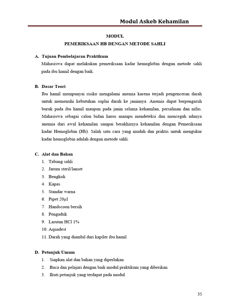 Pemeriksaan HB Metode Sahli untuk Ibu Hamil | PDF