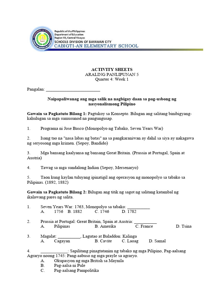 Activity Sheets Ap G5 Q4 | PDF