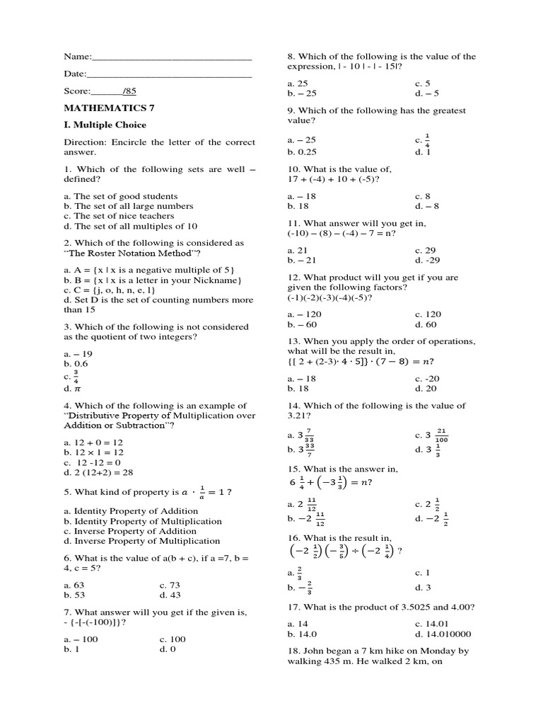 Grade 7 Exam | PDF | Multiplication | Abstract Algebra