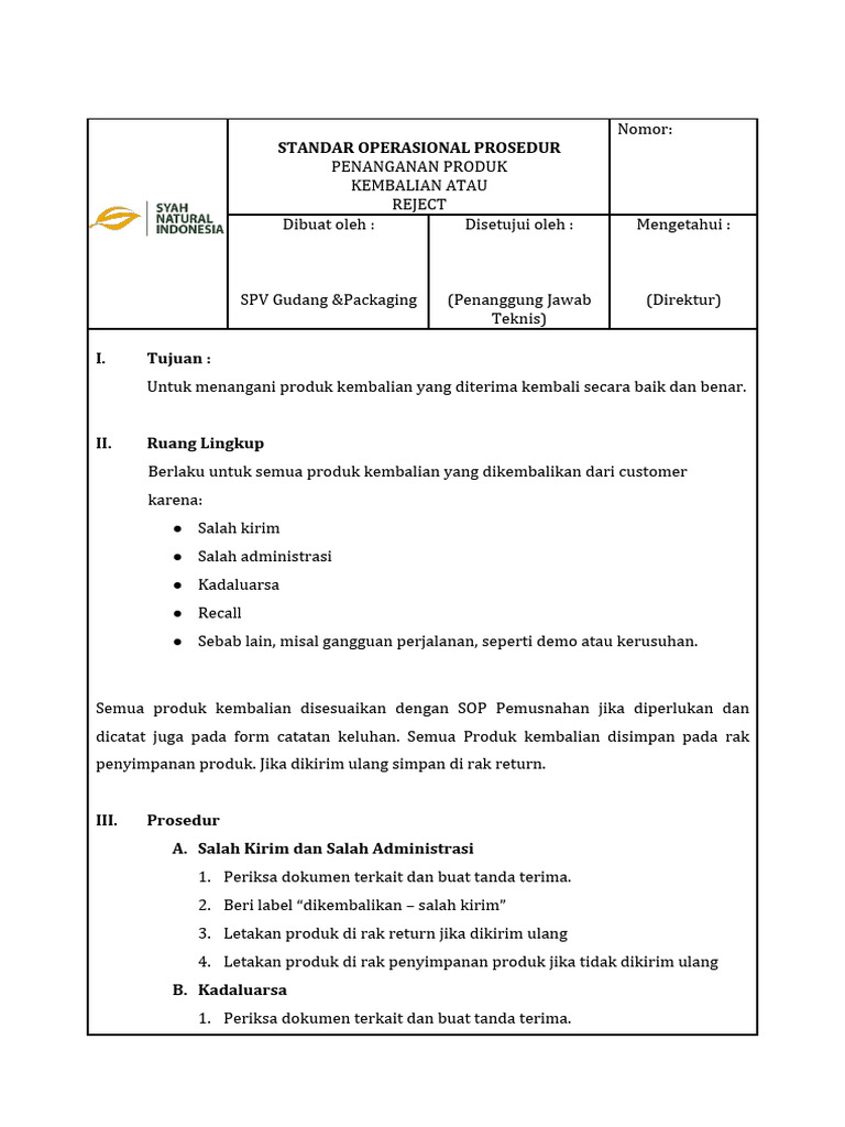 15.h. SOP Penanganan Produk Kembalian - Reject | PDF