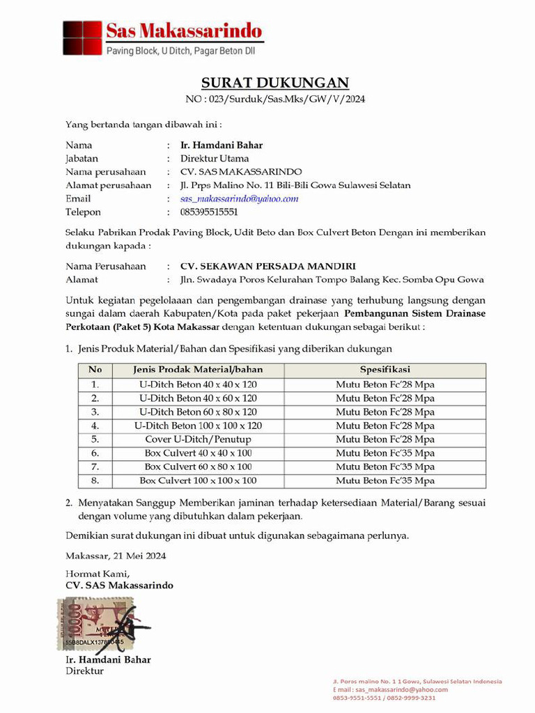 Surat Dukungan Pt. Sas Makassarindo Rev 1 | PDF