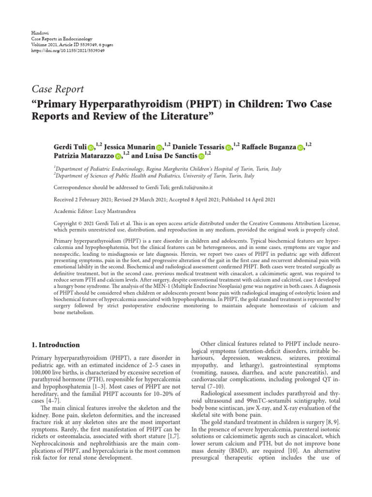 Primary Hyperparathyroidism (PHPT) in Children: Two Case Reports and ...