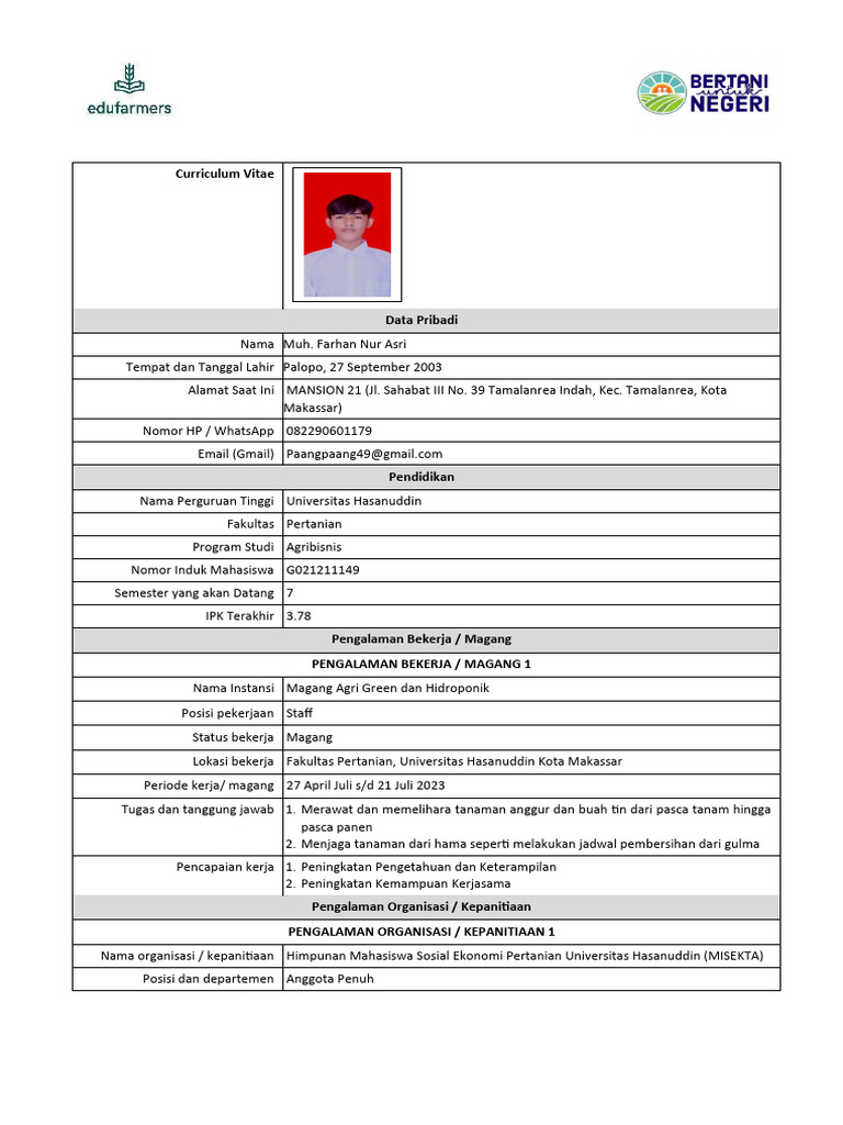 CV Muh Farhan Nur Asri - Universitas Hasanuddin | PDF