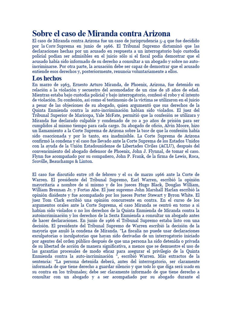 Sobre El Caso de Miranda Contra Arizona | PDF | Miranda V. Arizona ...