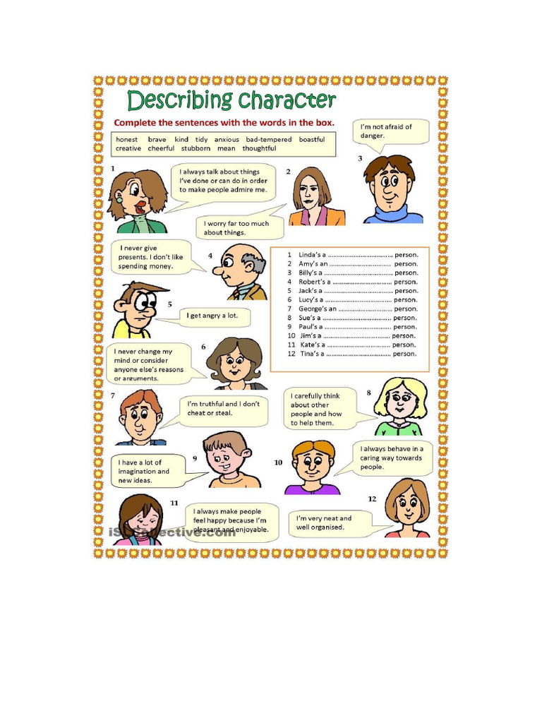 describing character worksheet | PDF describing character worksheet | PDF