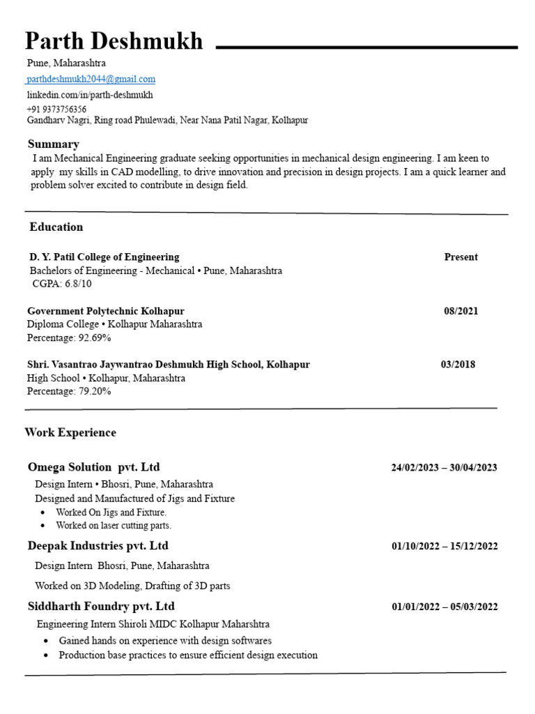 Parth Deshmukh Resume With Addres | PDF | Solar Power | Solar Energy