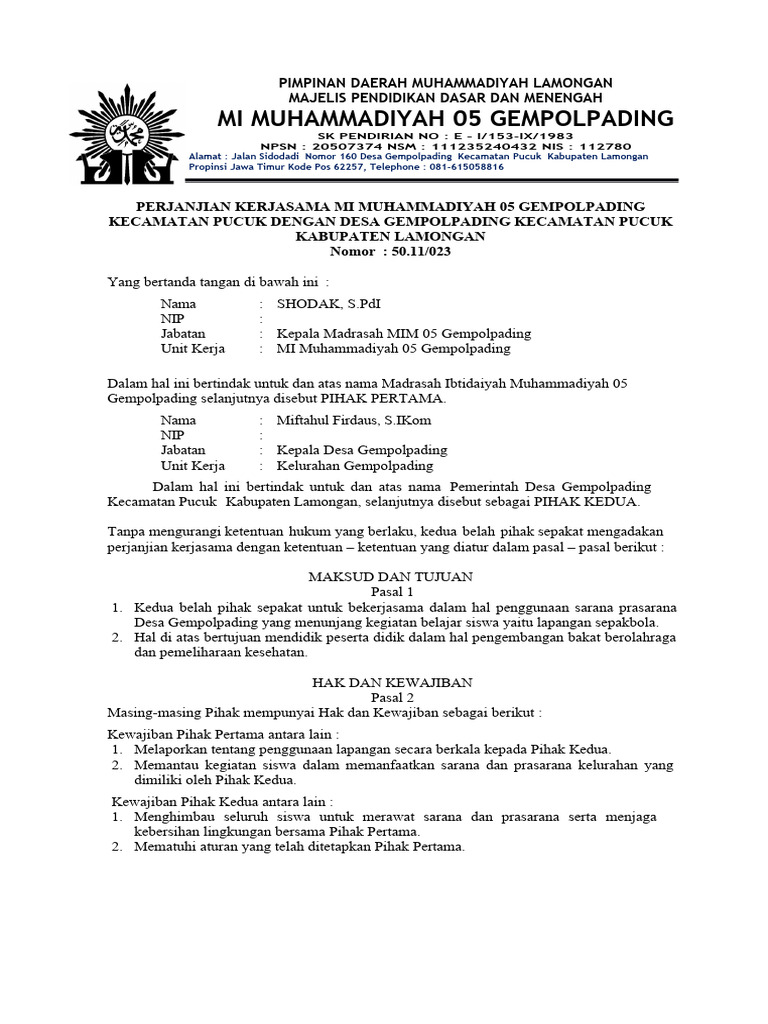 Surat Mou Kerjasama Sekolah Dengan Kelurahan | PDF