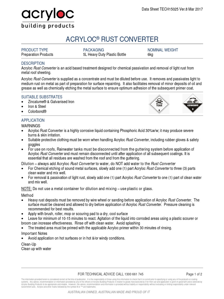 Acryloc Rust Converter-PDS | PDF | Rust | Poly(Methyl Methacrylate)