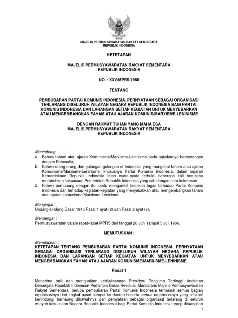 TAP MPRS NO. XXV-MPRS-1966 TTG Pembubaran PKI | PDF