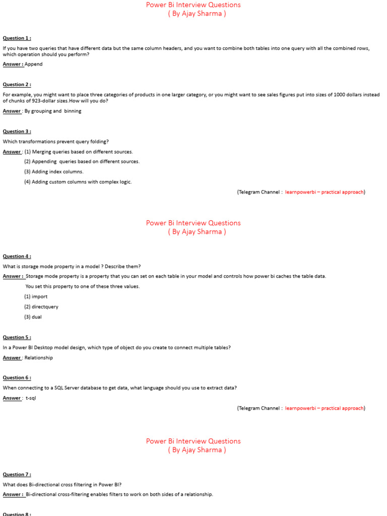 100 Interview Questions Power Bi PDF | PDF | Table (Database) | Databases