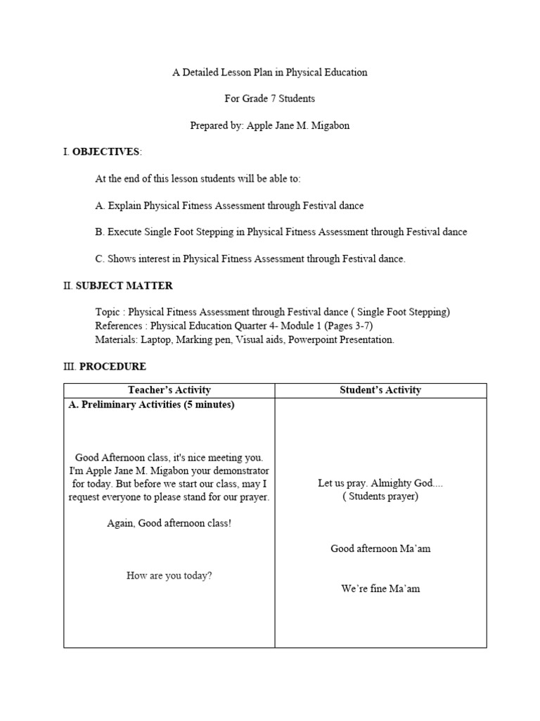 A Detailed Lesson Plan in Physical Education For 1st Demo. | PDF ...