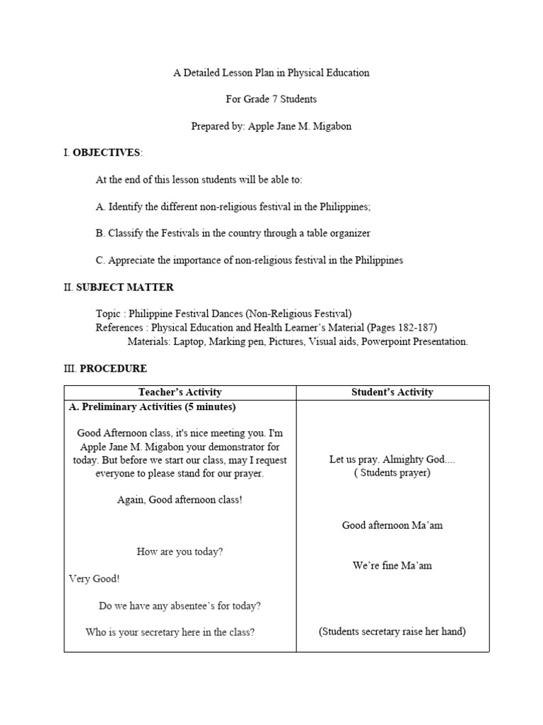 A Detailed Lesson Plan in PE 7 For 2nd Demo | PDF | Festival | Lesson Plan