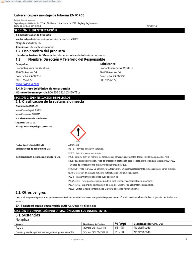 VSL-35 ENFORCE Pipe Mounting Lubricant SDS | PDF | Contaminación | Agua