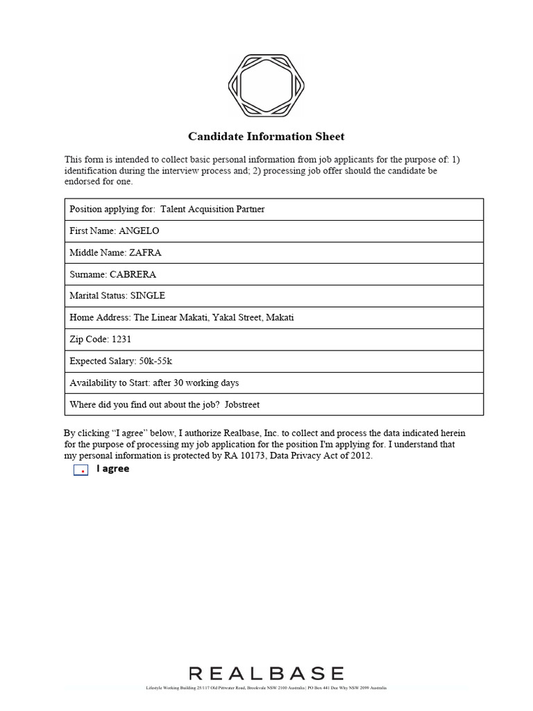 Candidate Information Sheet for Job Application | PDF