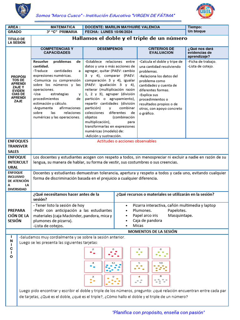 10 DE JUNIO-Hallamos el doble y el triple de un número (1) | PDF | Evaluación | Cognición