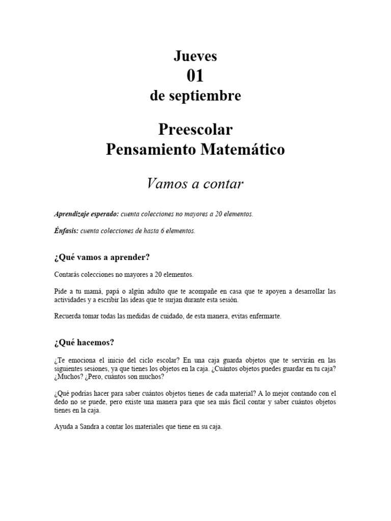 Preescolar 01 de Septiembre Matematico | PDF | Educación de la primera ...