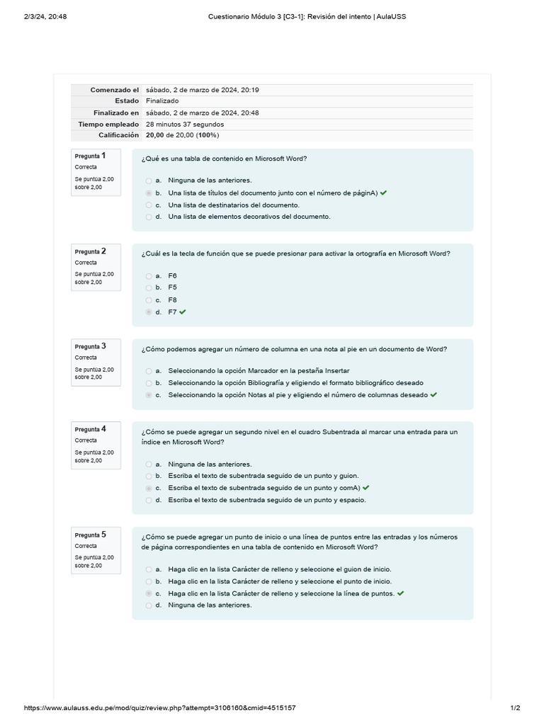 Cuestionario Módulo 3 (C3-1) - Revisión Del Intento - AulaUSS | PDF ...