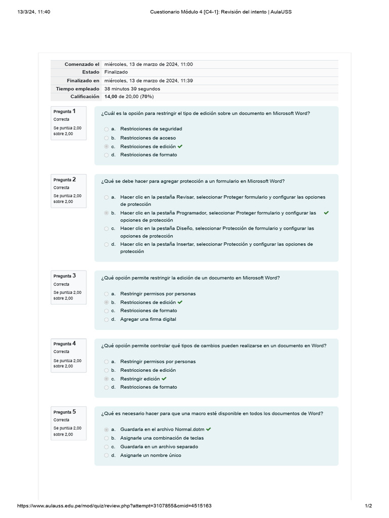 Cuestionario Módulo 4 (C4-1) - Revisión Del Intento - AulaUSS | PDF | Macro (informática ...