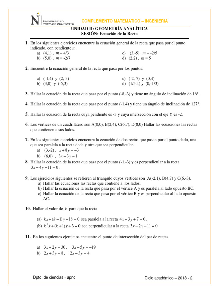 HOJA DE PRACTICA_ECUACION DE LA RECTA | PDF | Línea (geometría) | Pendiente