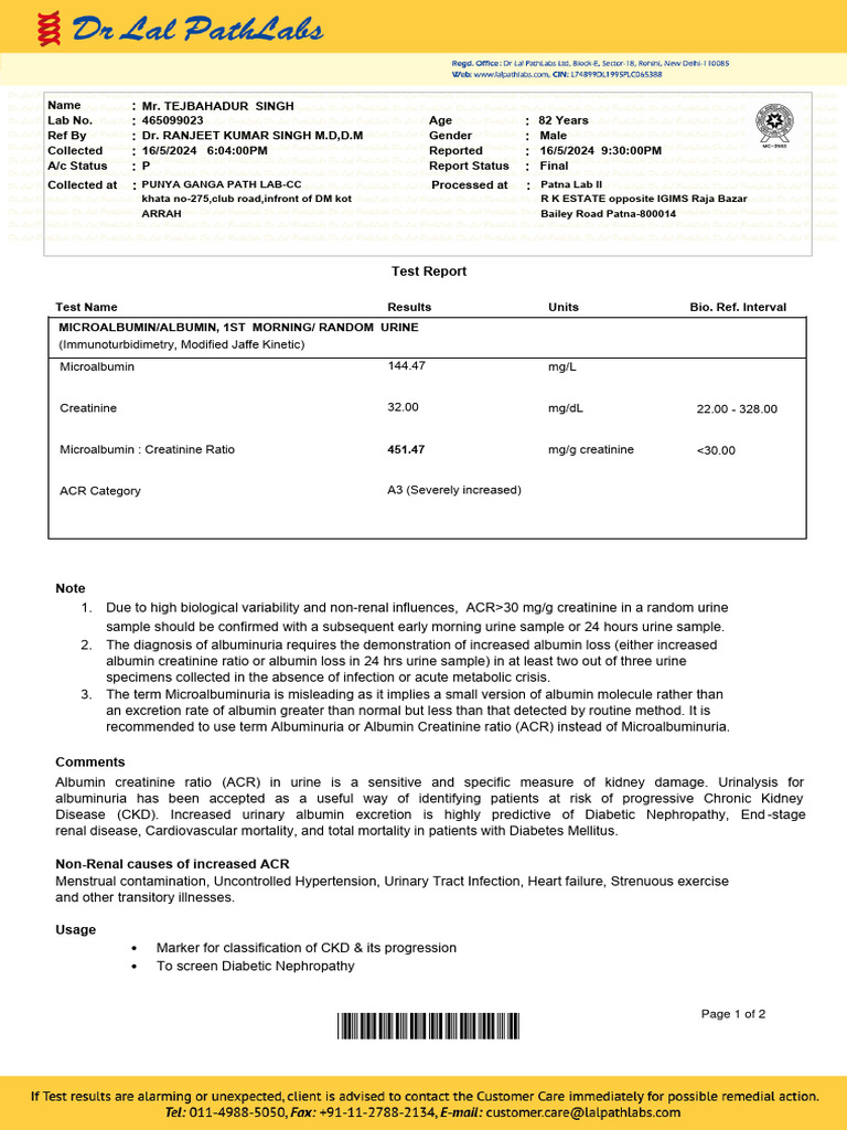Urine ACR and Creatinine Test Report | PDF | Creatinine | Chronic ...