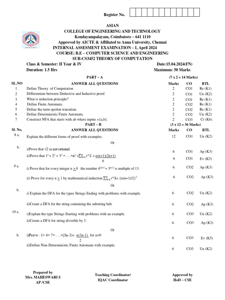 Cs3452 Toc Ia I Pdf Mathematics Theory Of Computation