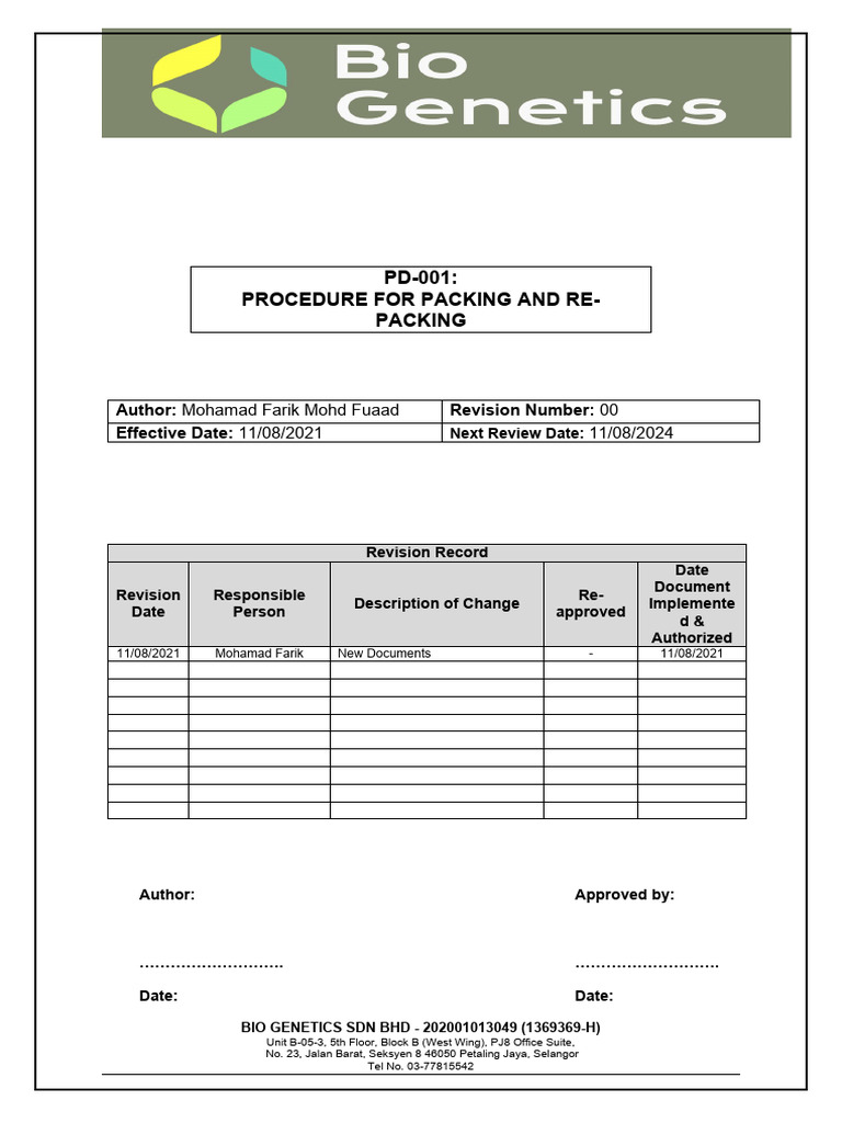 BIO GENETICS PD-001 Procedure For Packing and Repacking | PDF