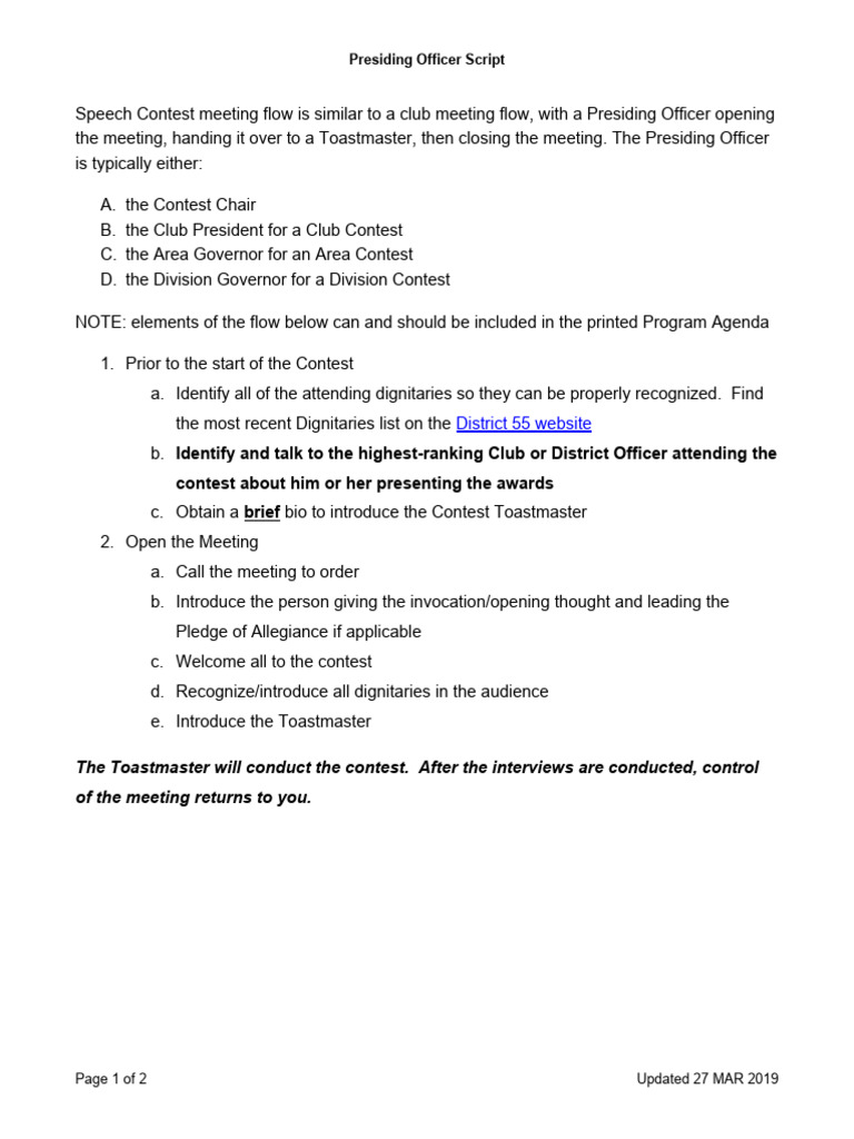 Presiding Officer Script for Speech Contests | PDF | Politics Of The ...