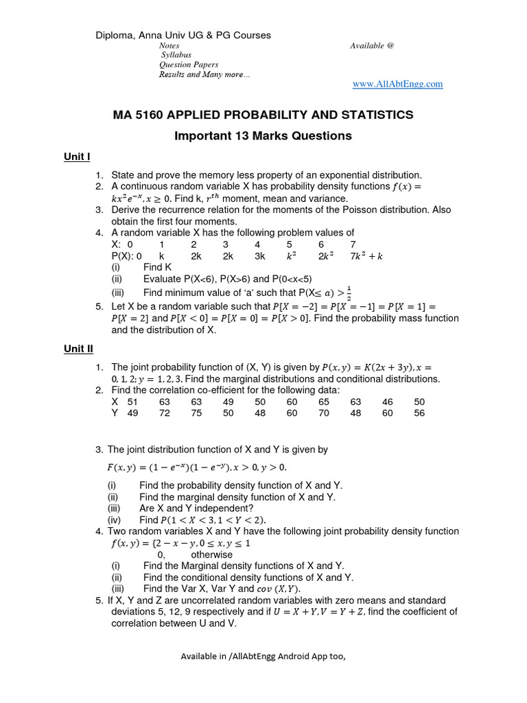 MA 5160 APPLIED PROBABILITY AND STATISTICS 13 Mark | PDF | Probability ...