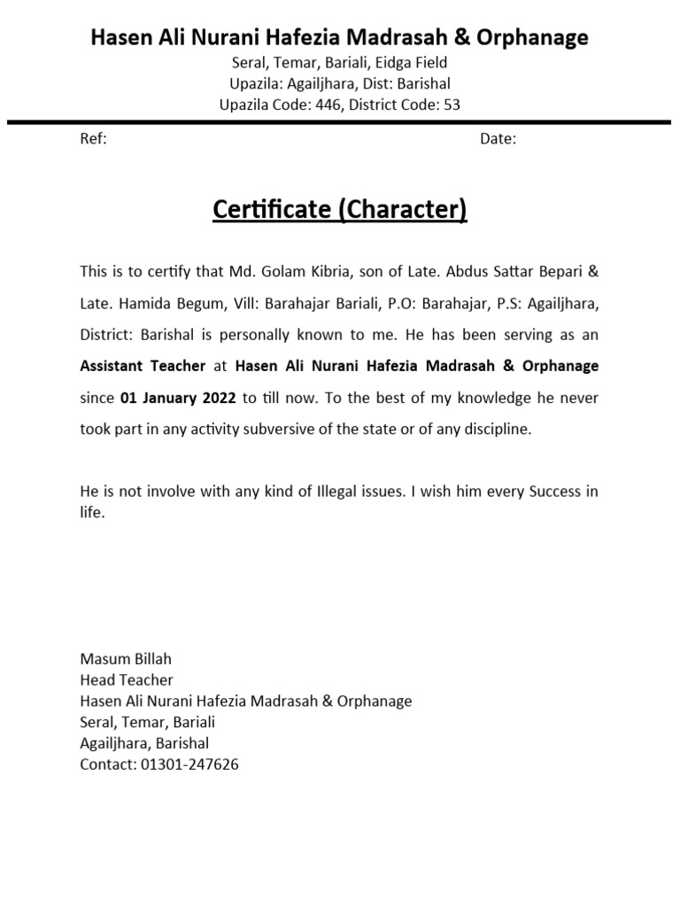 Character Certificate | PDF