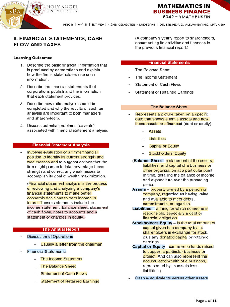 Module 2 3 Financial Statements Cash Flows and Taxes | Download Free ...