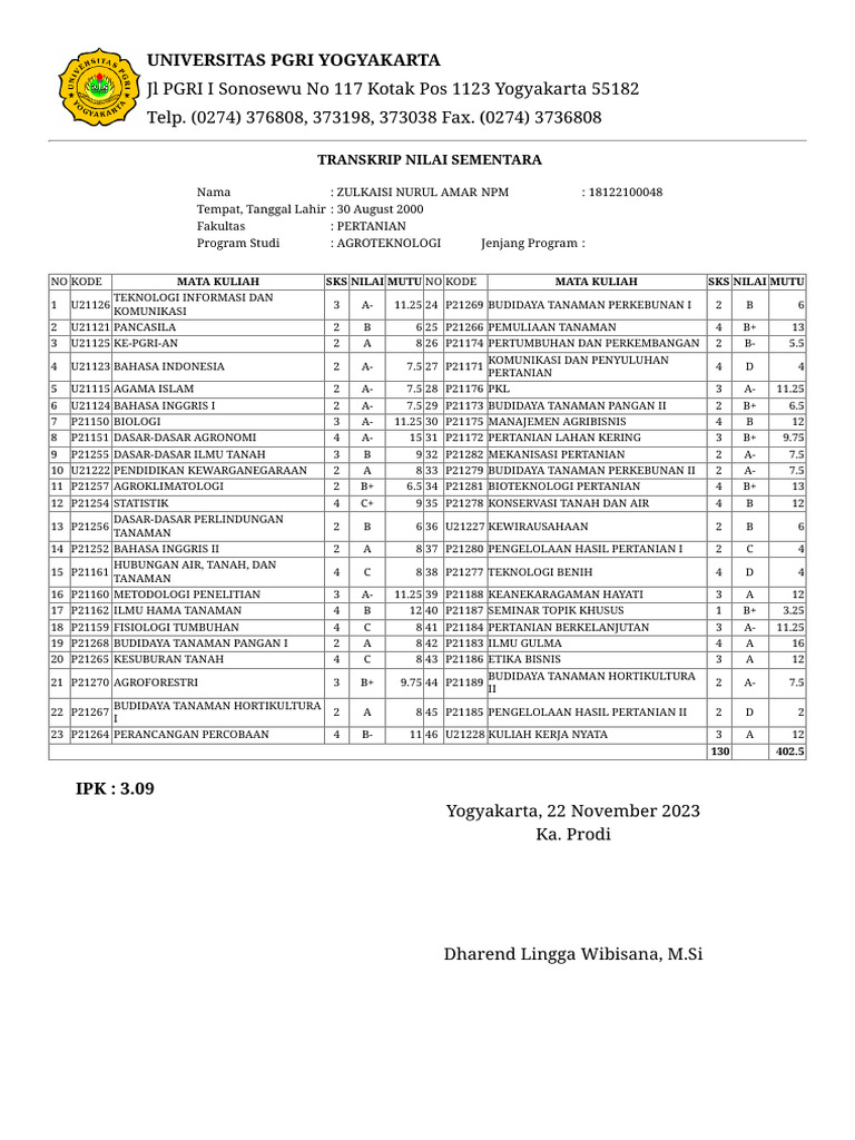 Transkrip Upy Ac Id | PDF
